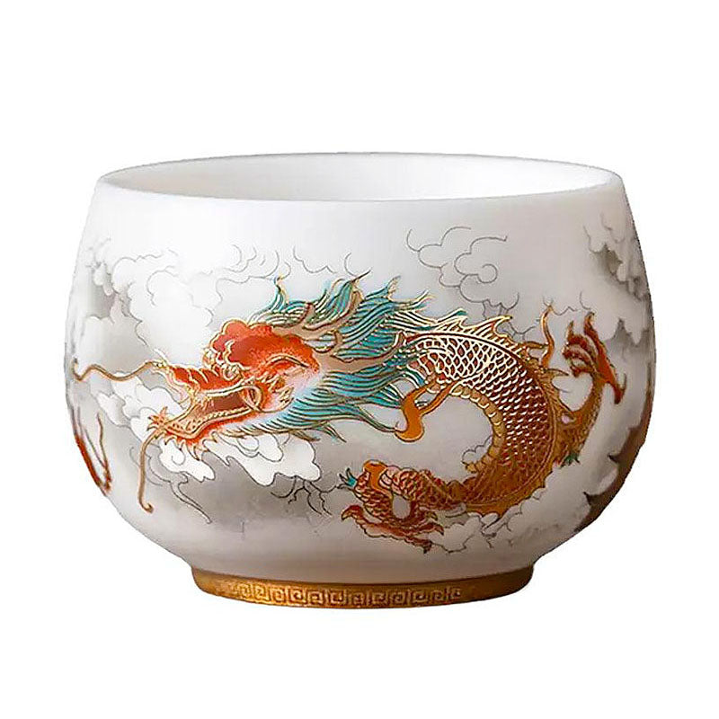 Flying Dragon Mutton Fat Jade Porcelain Tea Cup