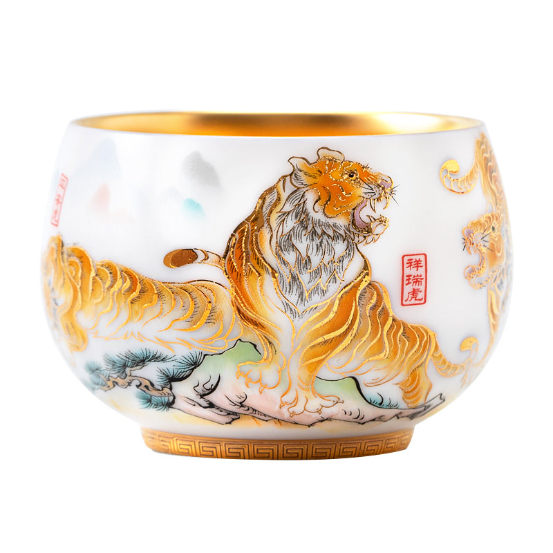 Majestic Tiger Mutton Fat Jade Porcelain Tea Cup
