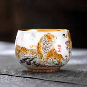 Majestic Tiger Mutton Fat Jade Porcelain Tea Cup
