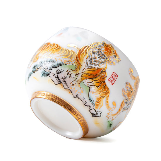 Majestic Tiger Mutton Fat Jade Porcelain Tea Cup