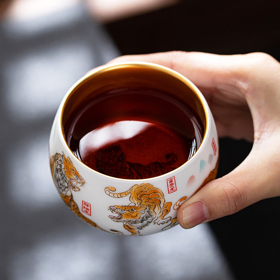 Majestic Tiger Mutton Fat Jade Porcelain Tea Cup
