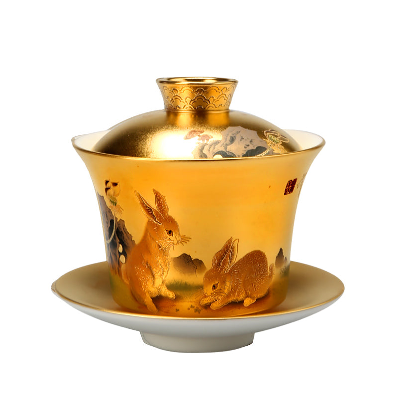 Two Rabbits Mutton Fat Jade Porcelain Gaiwan