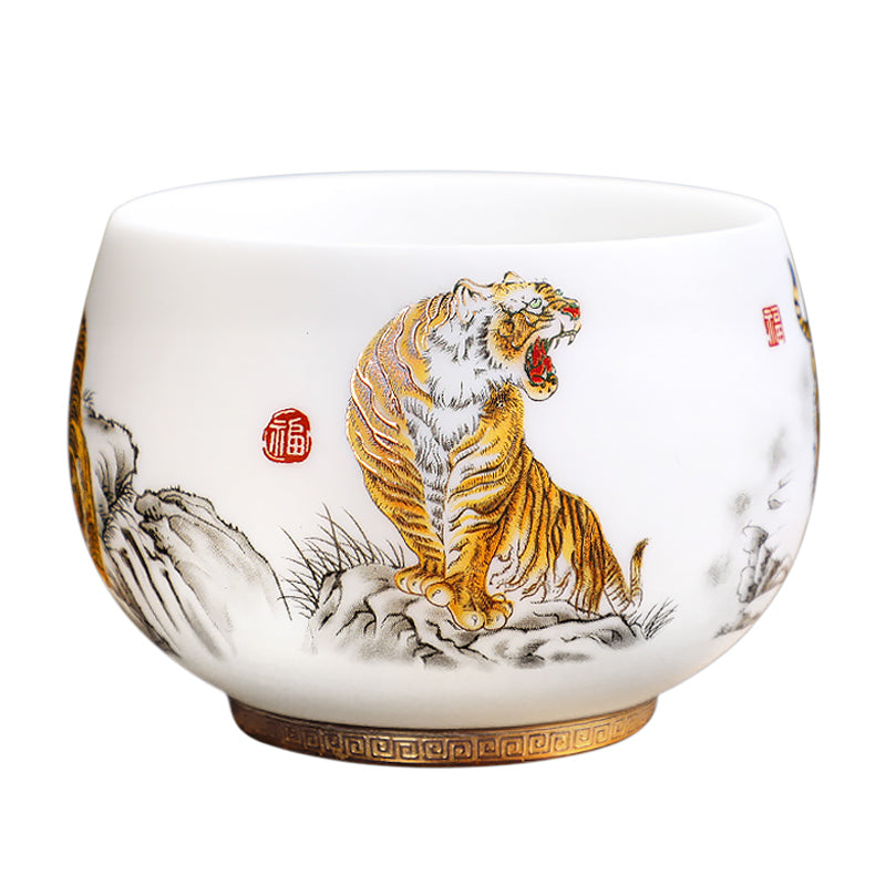 Roaring Tiger Mutton Fat Jade Porcelain Tea Cup