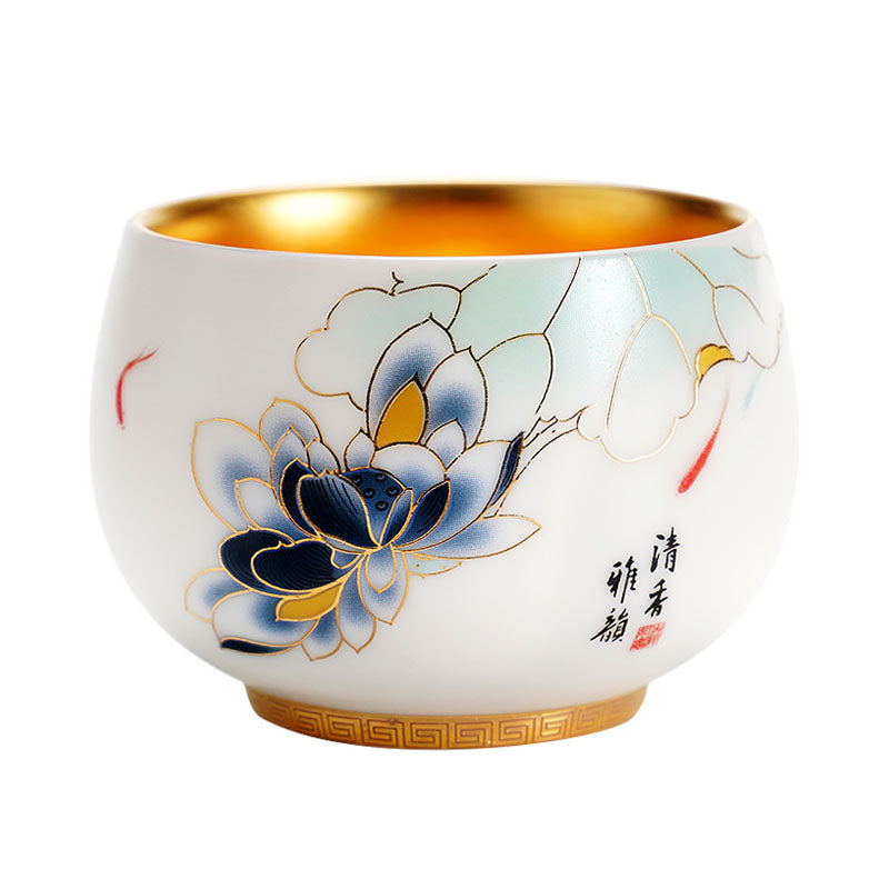 Lotus Flower Mutton Fat Jade Porcelain Tea Cup