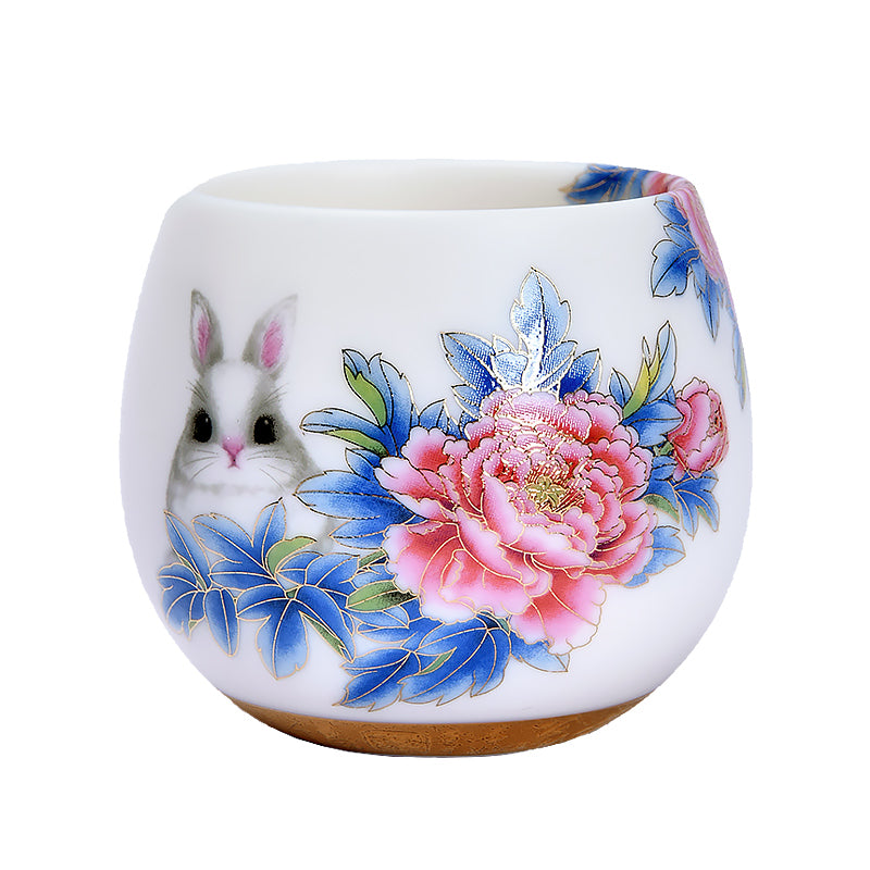 Rabbit & Peony Mutton Fat Jade Porcelain Tea Cup